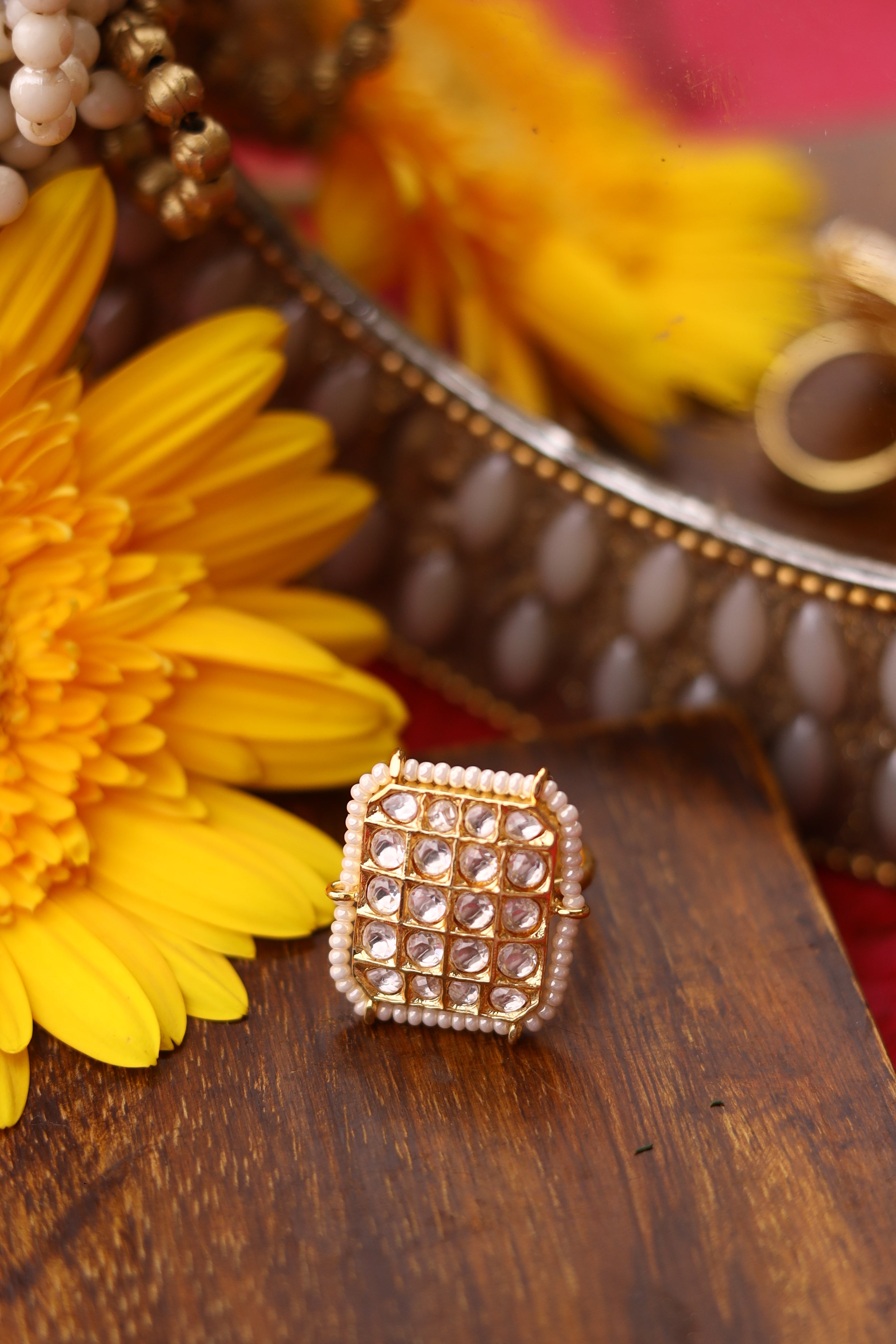 Paachi Kundan and Pearl Square Ring – Ishil